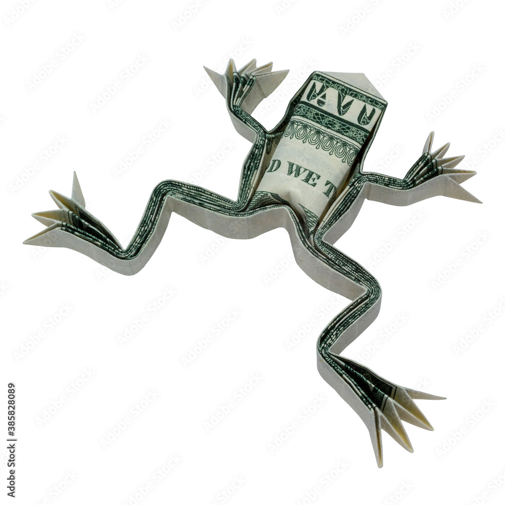 Money Origami Wood FROG Folded with Real One Dollar Bill Isolated on ...
