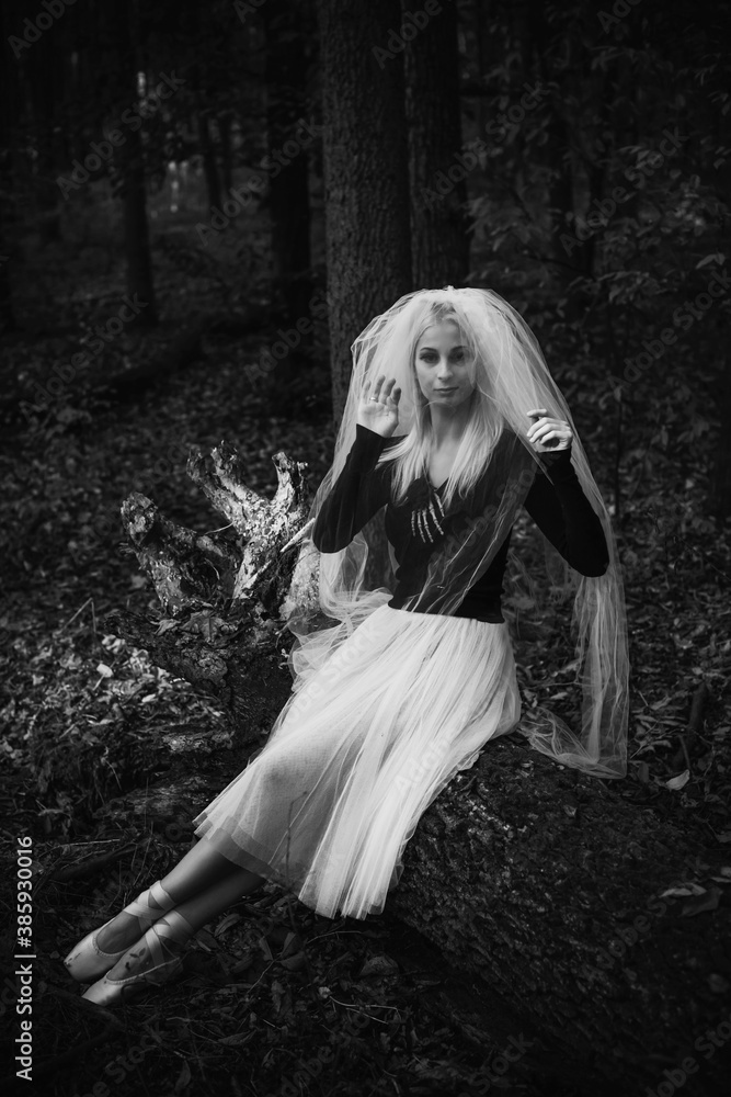 Mystical scene at forest, girl at bride costume, with a veil, Halloween ...