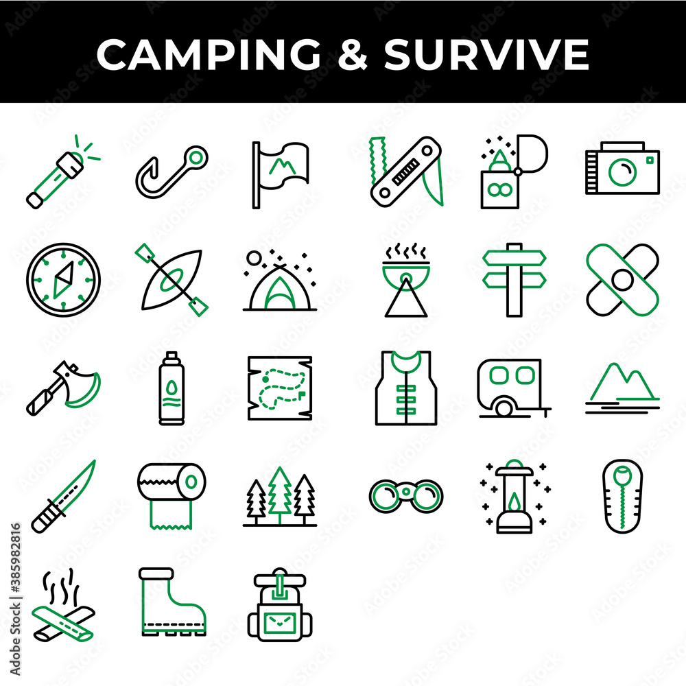 camping And Survive icon set include flashlight,fishing,flag,compass ...