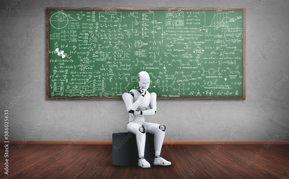 Thinking AI humanoid robot analyzing screen of mathematics formula and ...