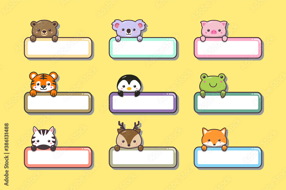 Cute baby animals with label name cartoon hand drawn style Stock Vector ...