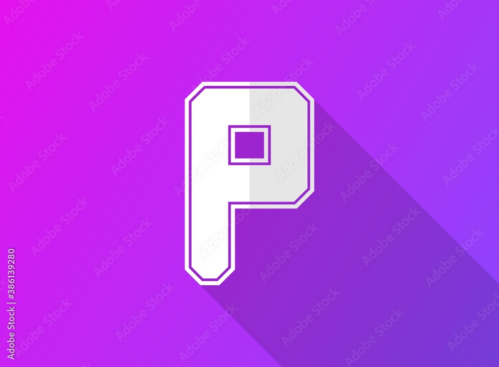 P font letter, modern dynamic design with long shadow on purple ...
