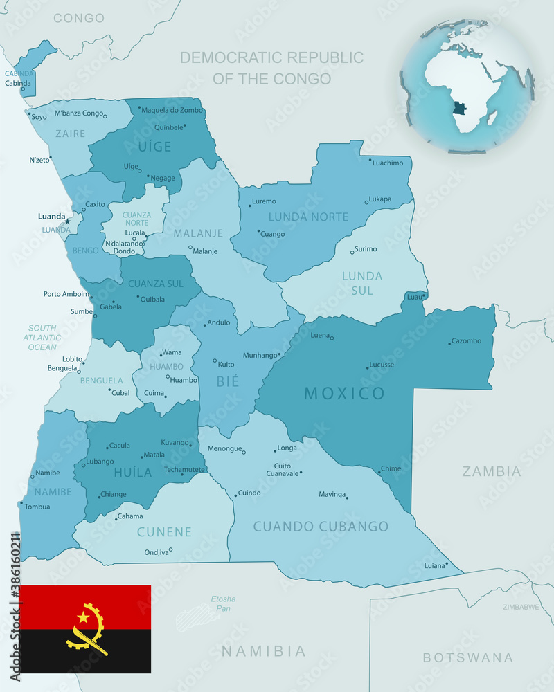Blue-green detailed map of Angola administrative divisions with country ...