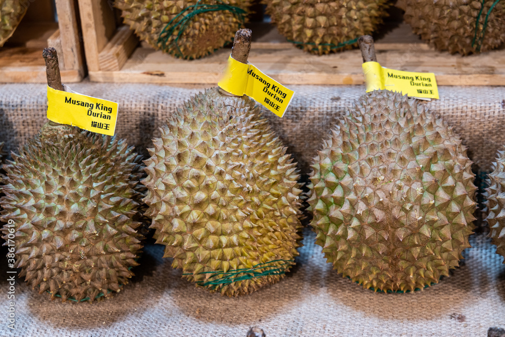 Popular Musang King Durian variety from Malaysia display in supermarket ...