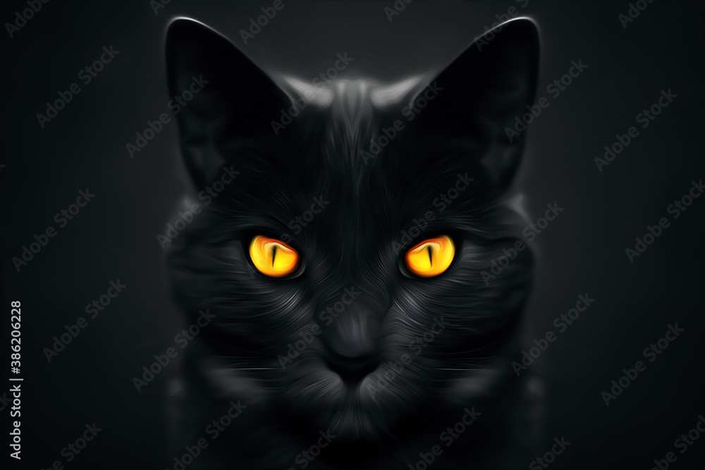 Predatory gaze of a black cat, orange eyes, dark background. The ...