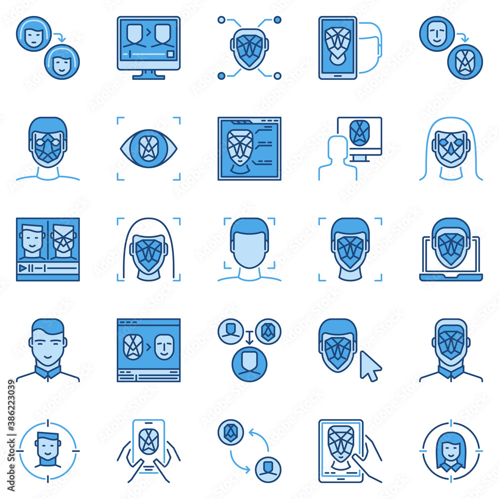 Vektor Face Detection and Deepfake blue modern icons collection ...