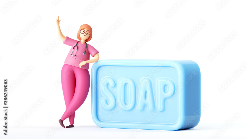 3d render, woman doctor cartoon character wears pink uniform, stands ...