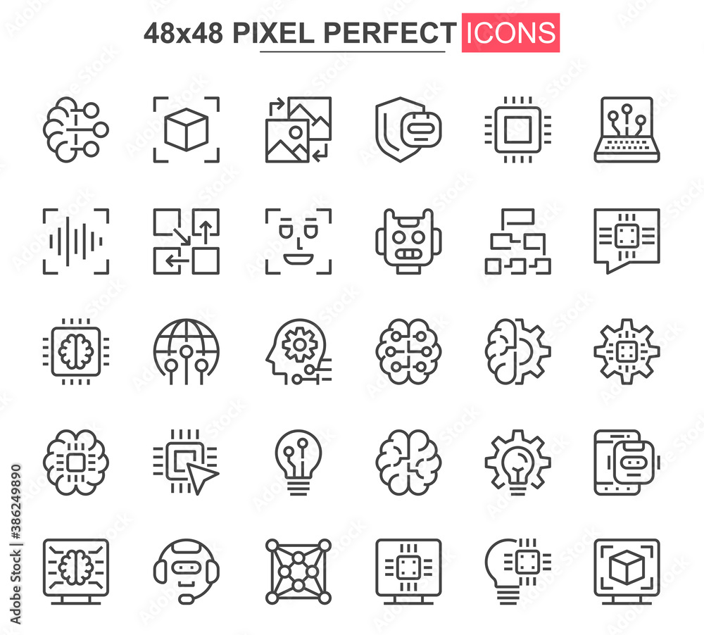 Artificial intelligence thin line icon set. Machine learning outline ...