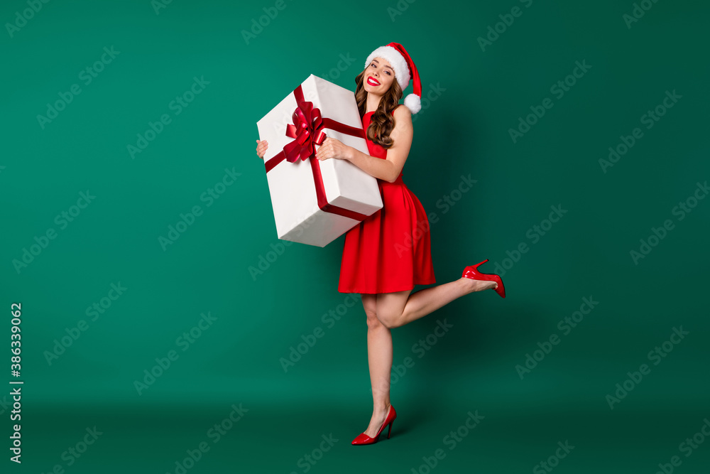 Full length photo stunning pretty cute sweet girl in santa claus ...