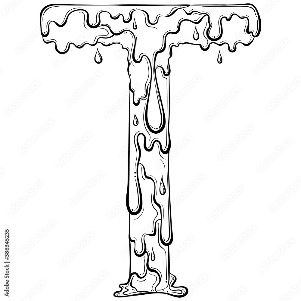 Letter T with flow drops and goo splash. Dripping liquid symbol. Vector ...