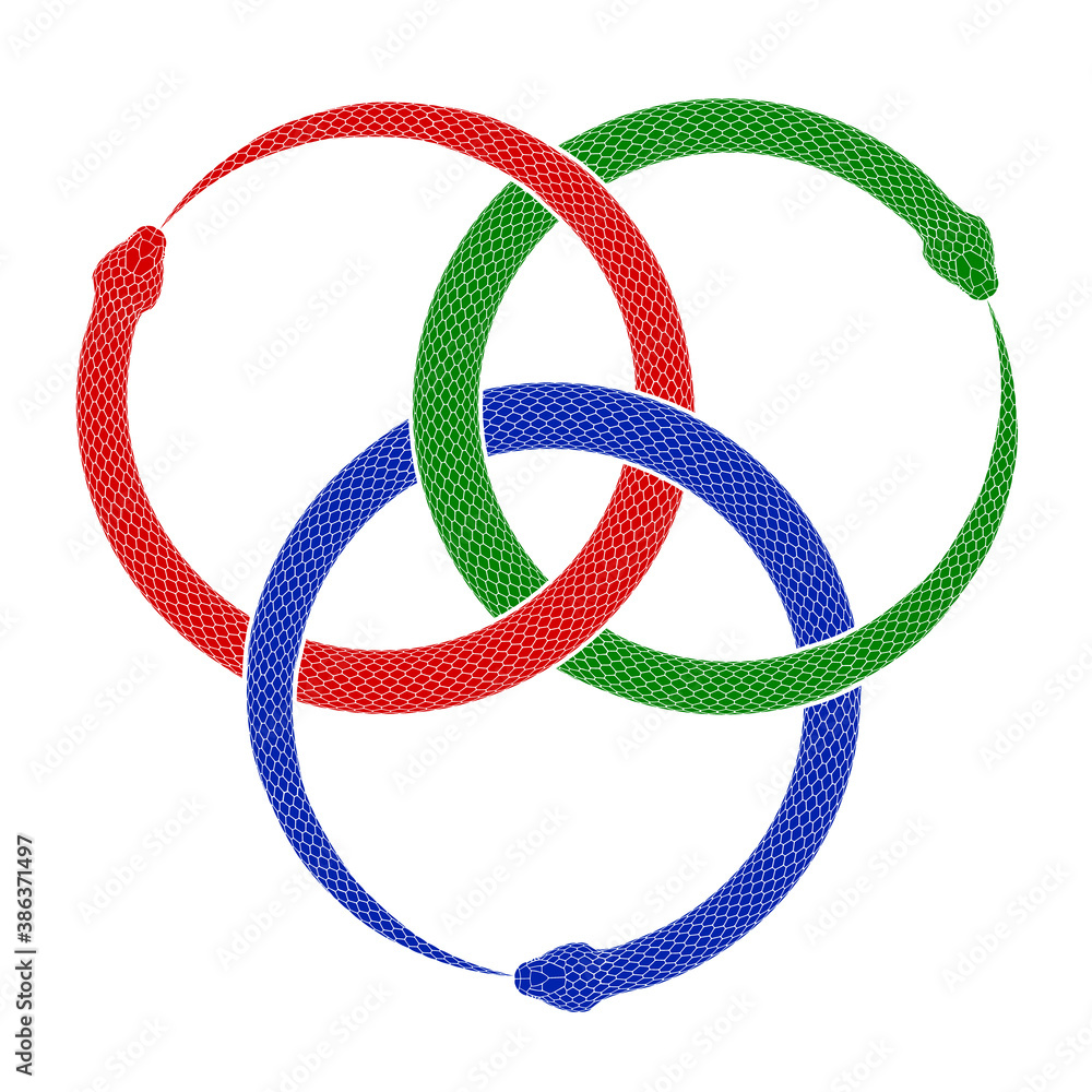 Three intertwined snakes bite their own tails. Ouroboros symbol tattoo ...