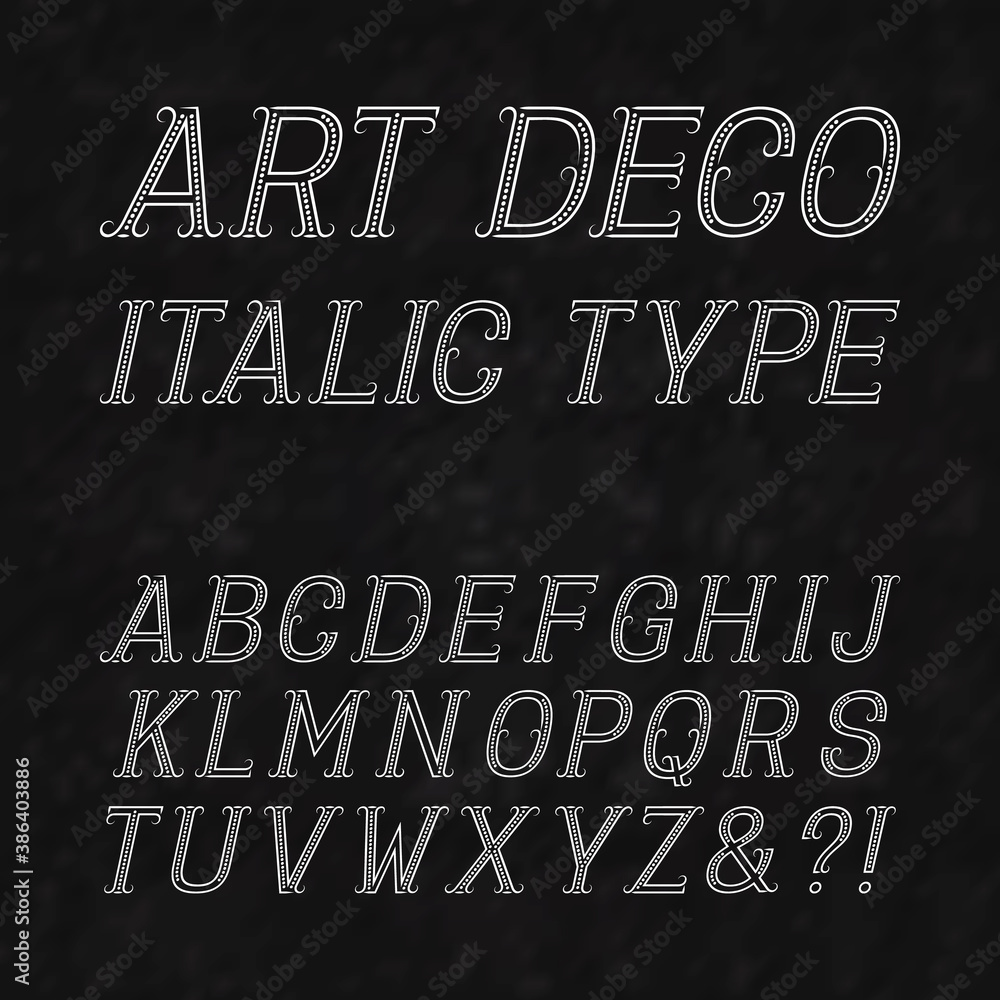 Italic type font in art deco style. Vintage latin alphabet. White ...