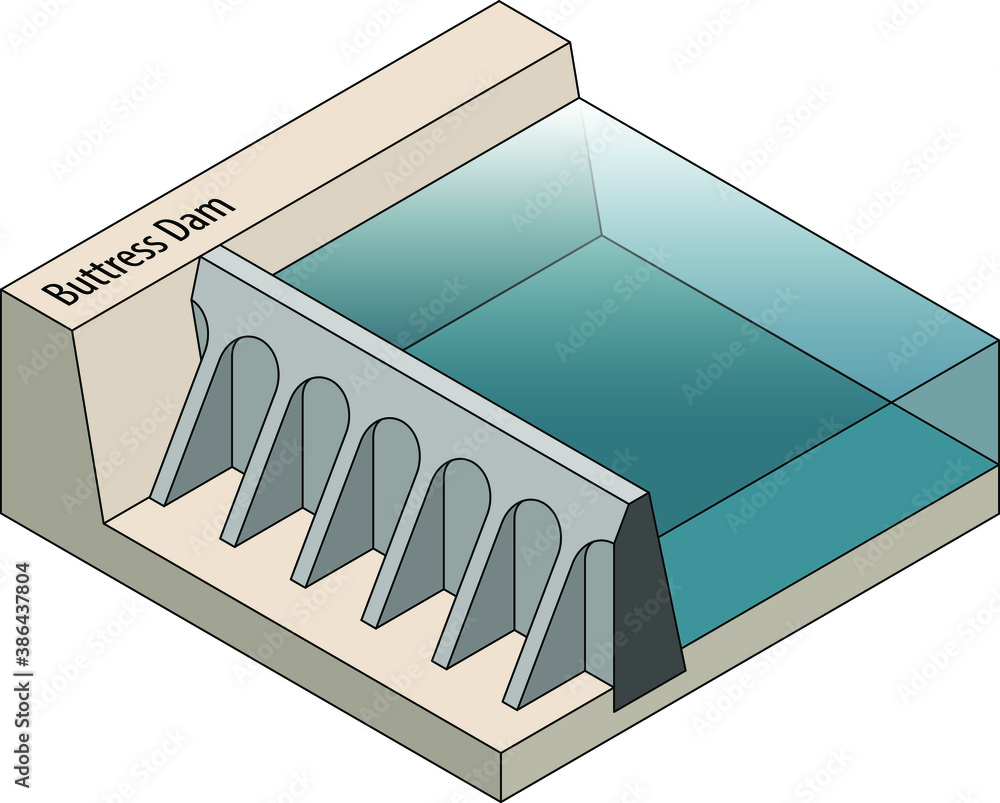 Cross section of a buttress dam. Stock Vector | Adobe Stock