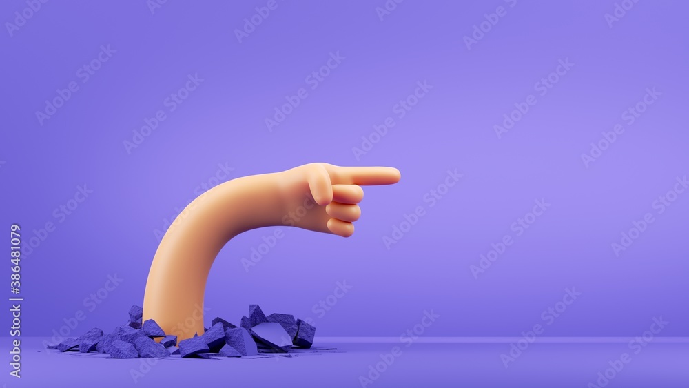 3d render, funny cartoon character elastic hand with pointing finger ...