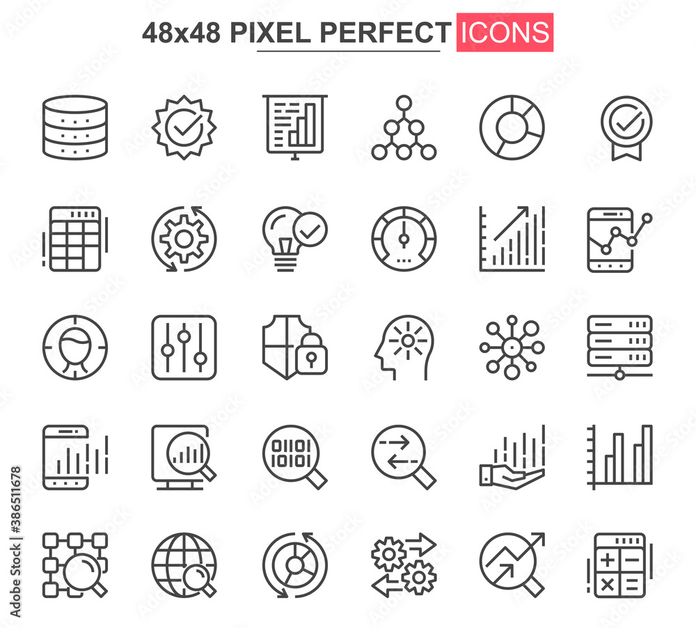 Big data analysis thin line icon set. Data processing outline pictograms for website and mobile ...