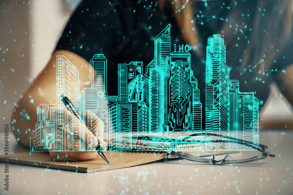 IOT drawing over writing hands in notepad background. Concept of smart ...