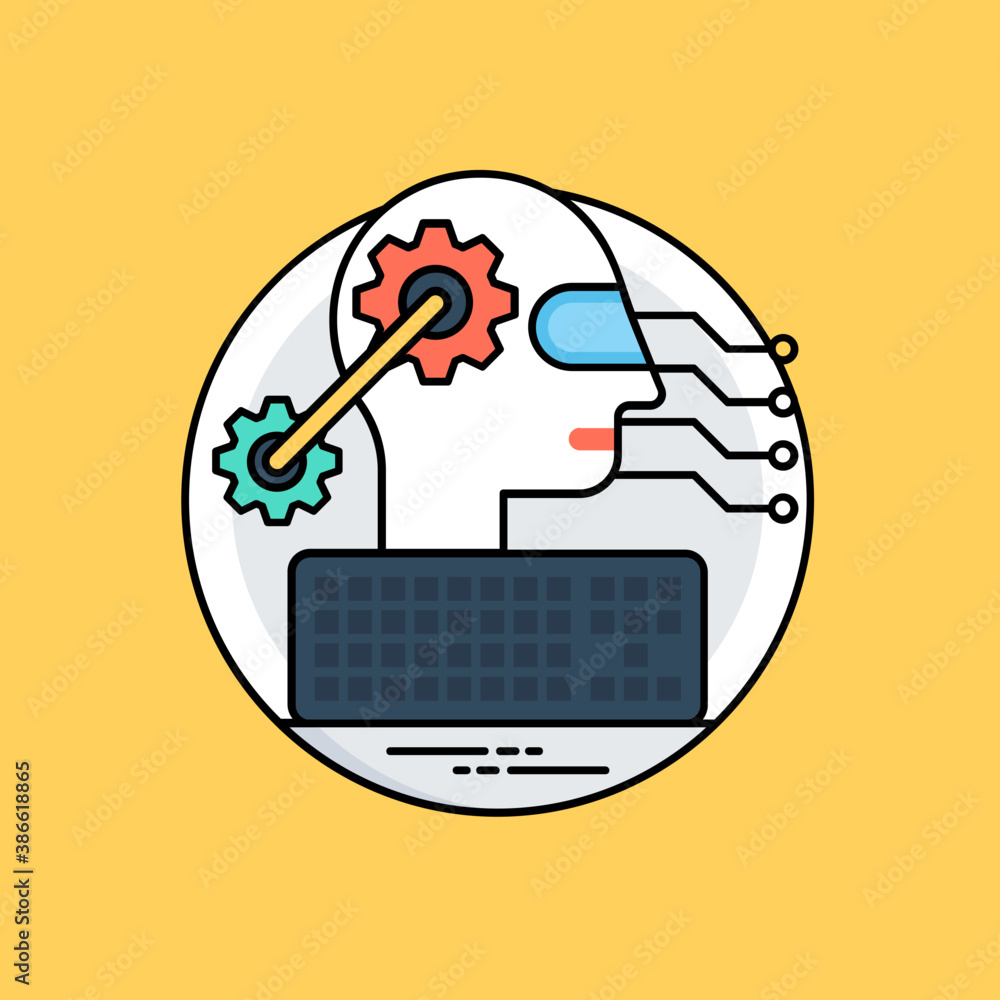 Cogs revolving in human head with keyboard showing icon image of ...