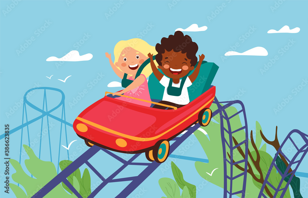Roller-coaster concept. Happy children riding on roller-coaster in ...