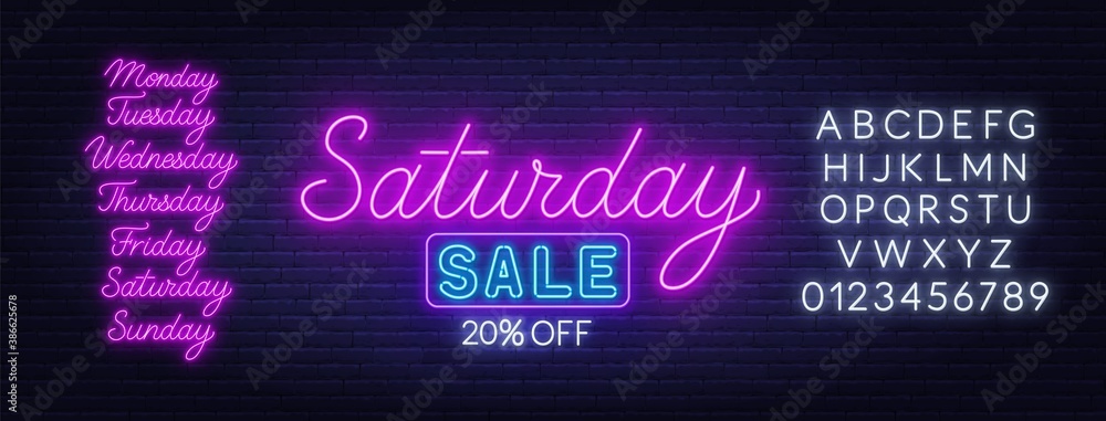 Stock-Vektorgrafik „Saturday Sale neon sign on brick wall background ...