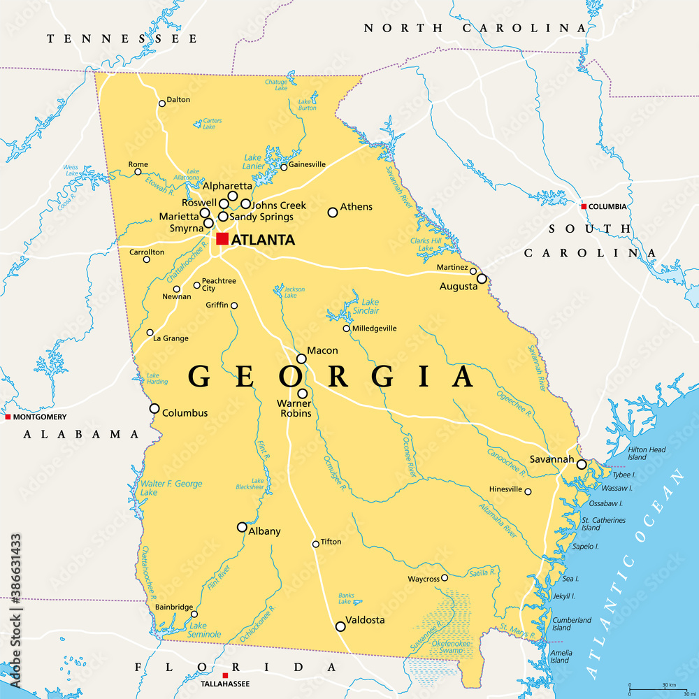 Georgia, GA, political map, with capital Atlanta and largest cities ...