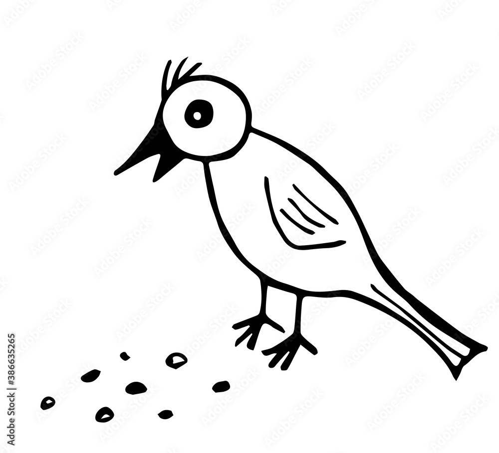 Simple hand-drawn vector drawing in black outline. Little bird pecks ...