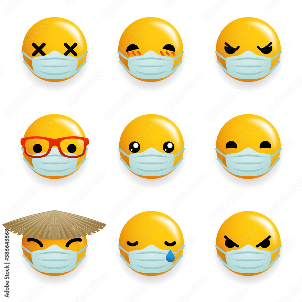 Virus protection medical mask emoticon smiley emoji icons set cartoon ...