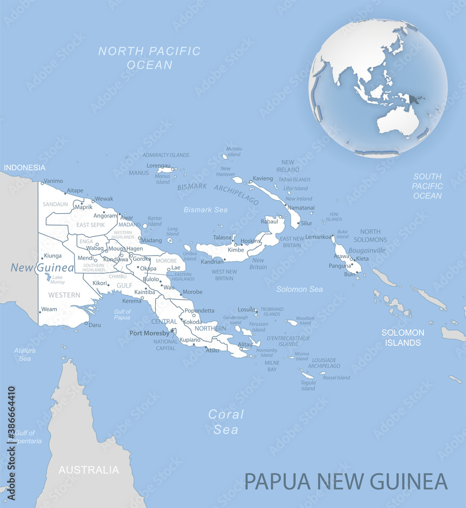 Blue-gray detailed map of Papua New Guinea administrative divisions and ...