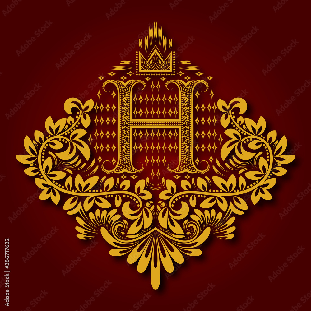 Letter H heraldic monogram in coats of arms form. Vintage golden logo ...