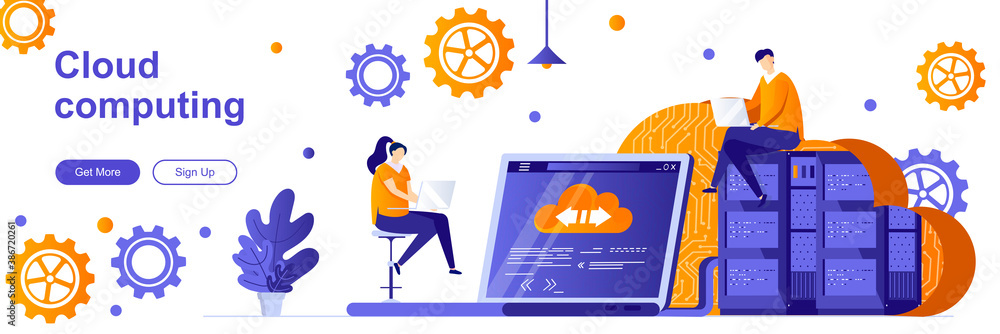 Cloud computing landing page with people characters. Hosting platform service web banner. data ...