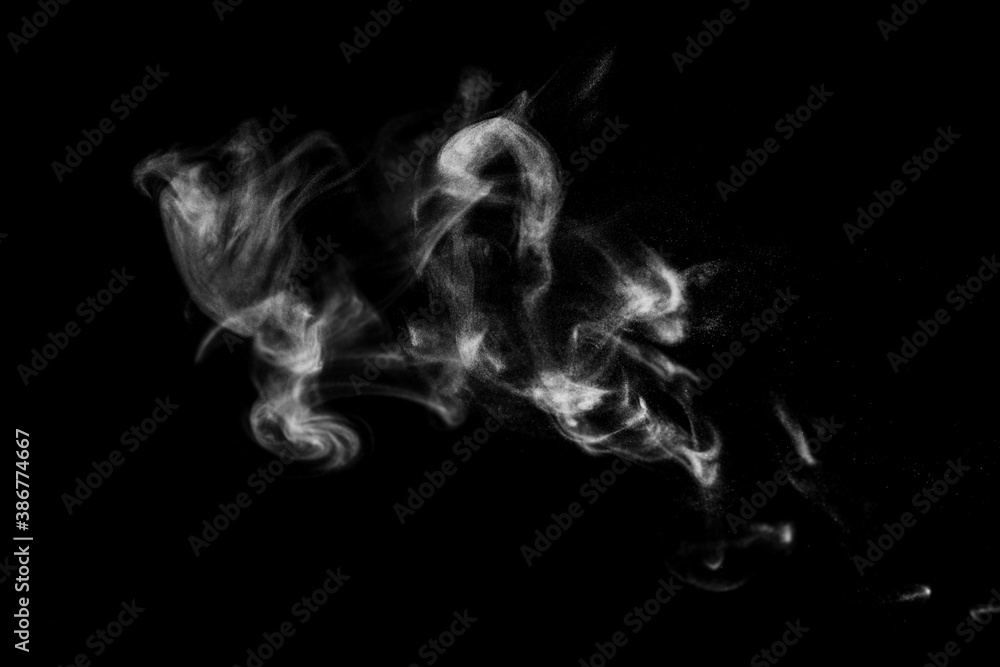 White natural steam smoke effect on solid black background with ...