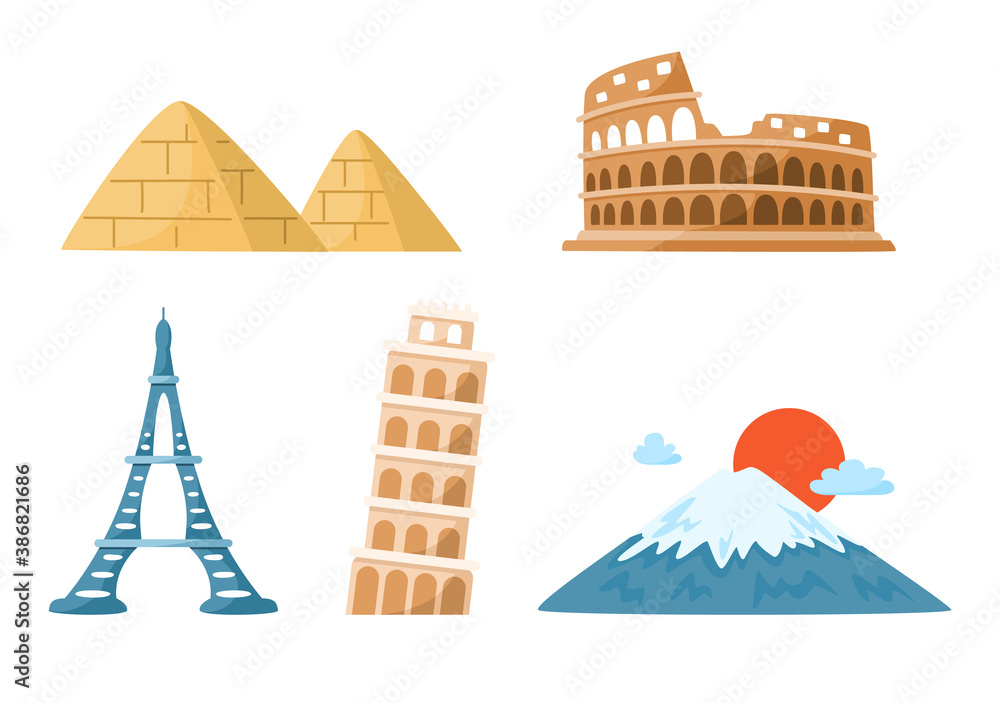 World Travel cartoon landmarks bundle, world places clipart set with ...
