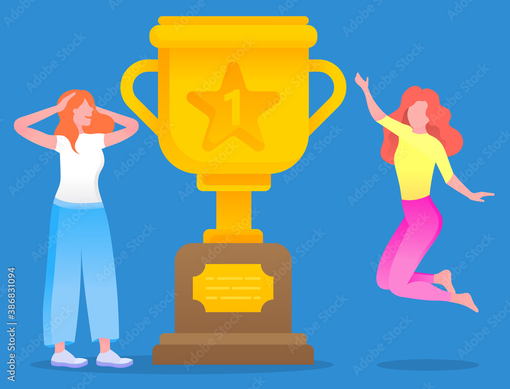Happy woman jumping near golden trophy award, prize for research in ...