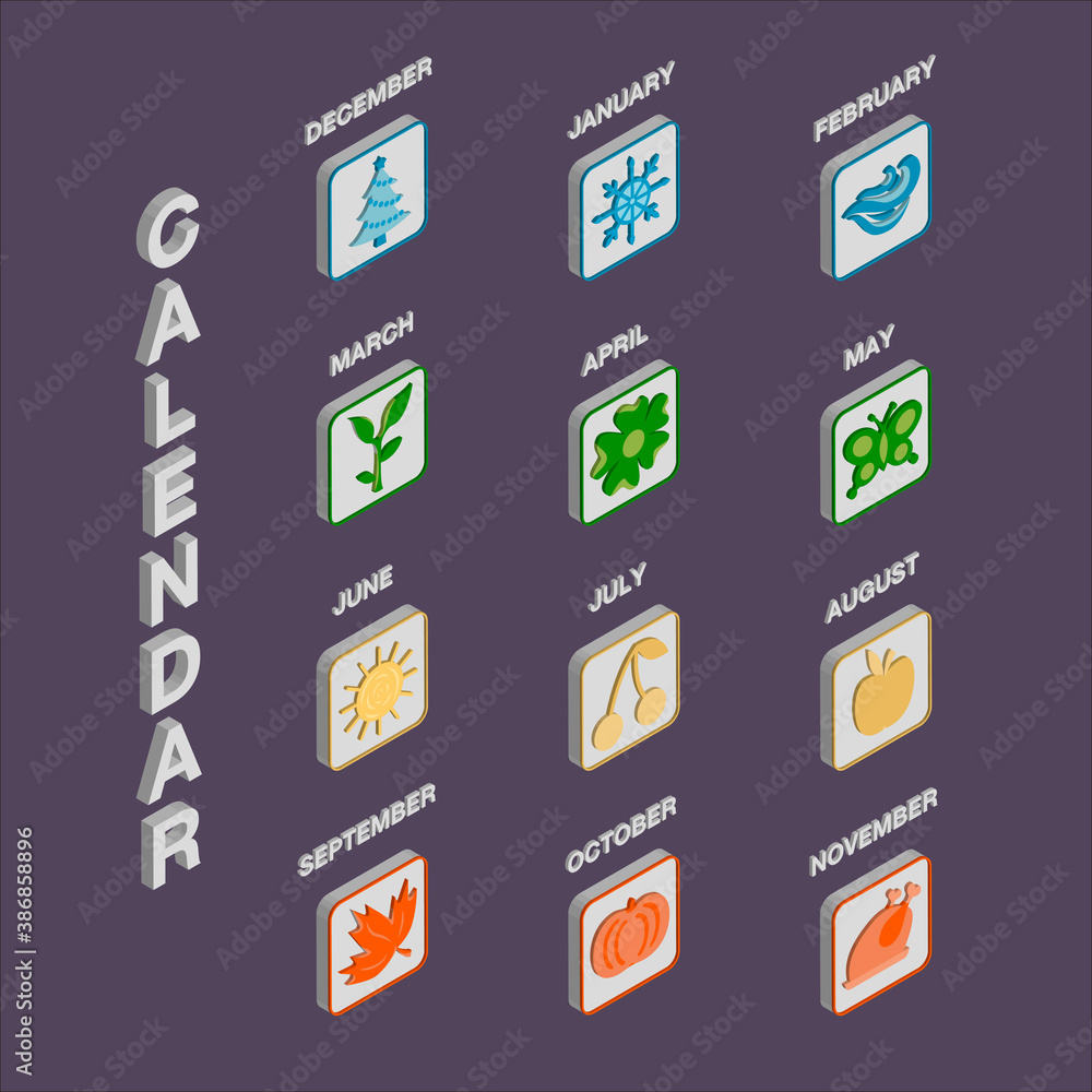 Vector illustration of twelve isometric calendar icons for different ...