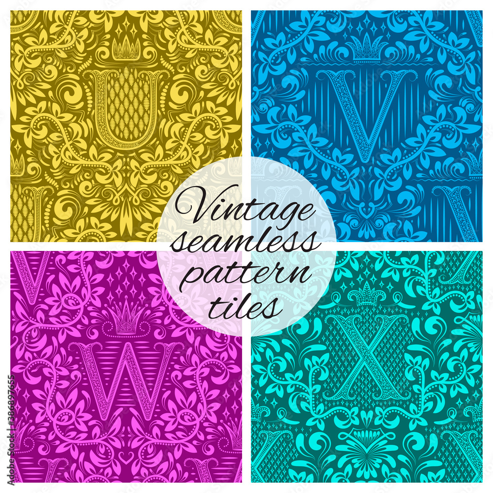 Tiles of vintage seamless patterns for wallpaper design. Set of repeating background swatches in ...