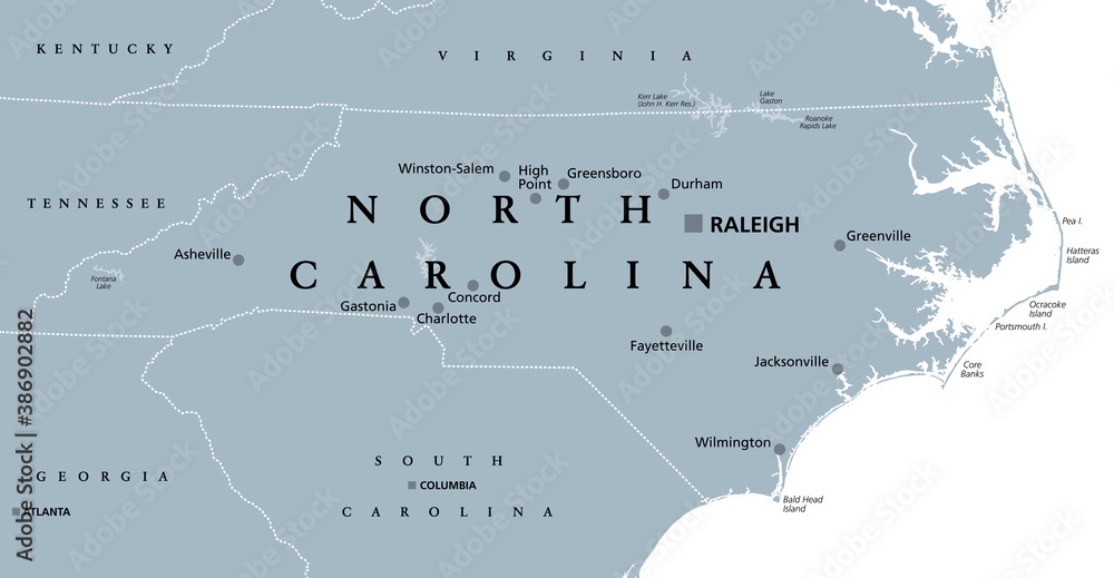 North Carolina, NC, gray political map. With capital Raleigh and largest cities. State in the ...