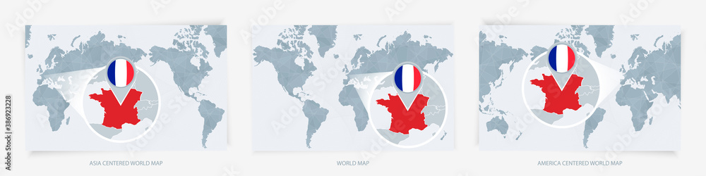 Three versions of the World Map with the enlarged map of France with ...