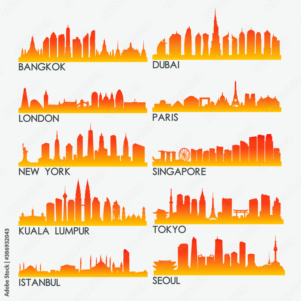 World Touristic Skyline City Silhouette Design Collection. Vector ...
