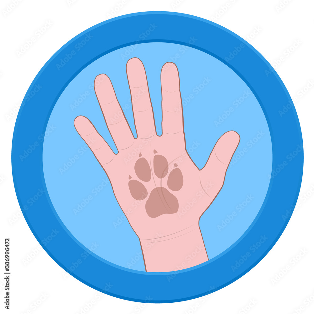Give me five dog. Human hand with dogs paw print. Round blue logo ...