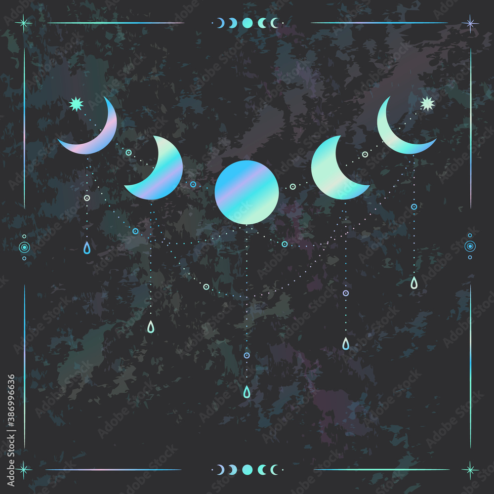 Vector illustration set of moon phases. New style, holographic ...