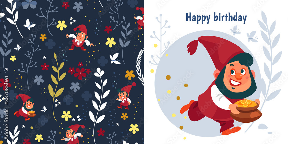 Happy birthday. Greeting card for a birthday. A cute, smiling dwarf ...