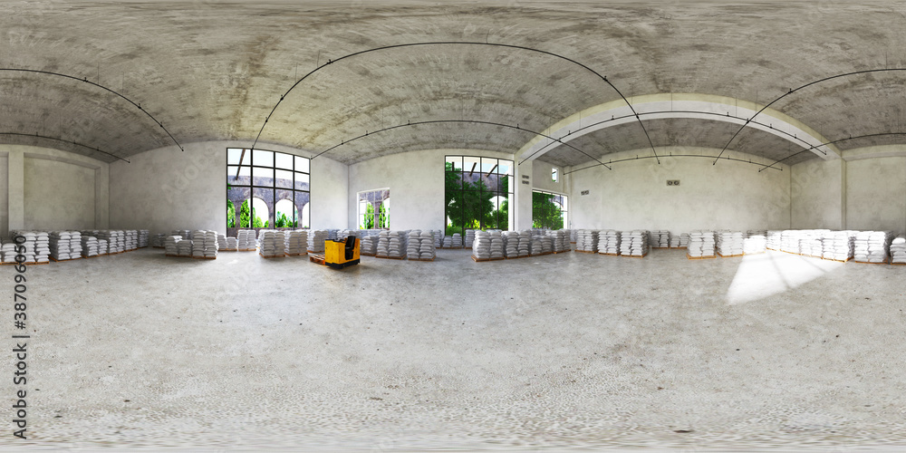 Warehouse, goods storage, with bags and forklift, architecture with ...