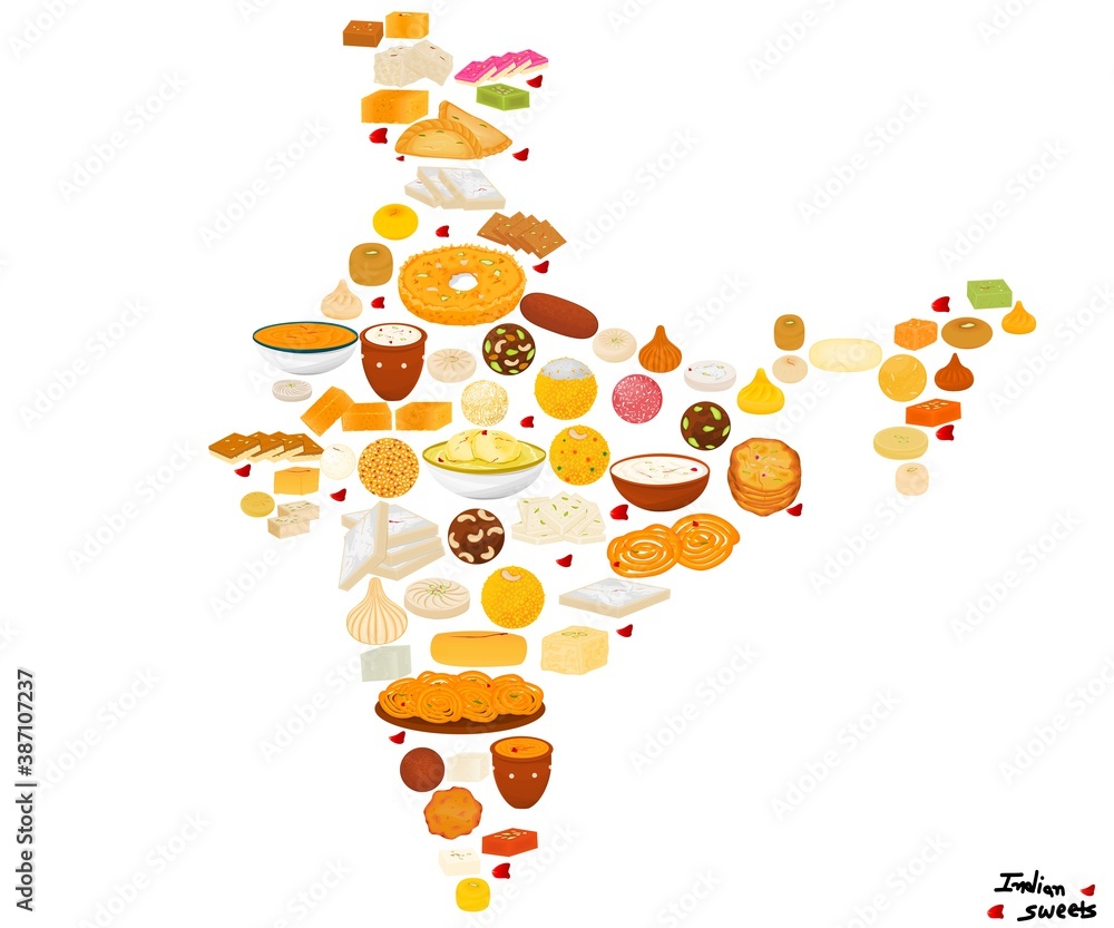 Indian Sweets or Mithai in India Map,All indian Sweets Stock Vector ...