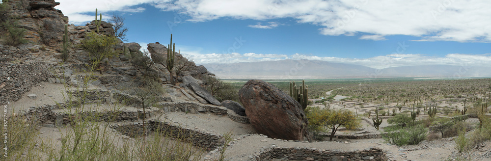 Ancient fortress. Archaeological site. Panorama view of the city ruins ...