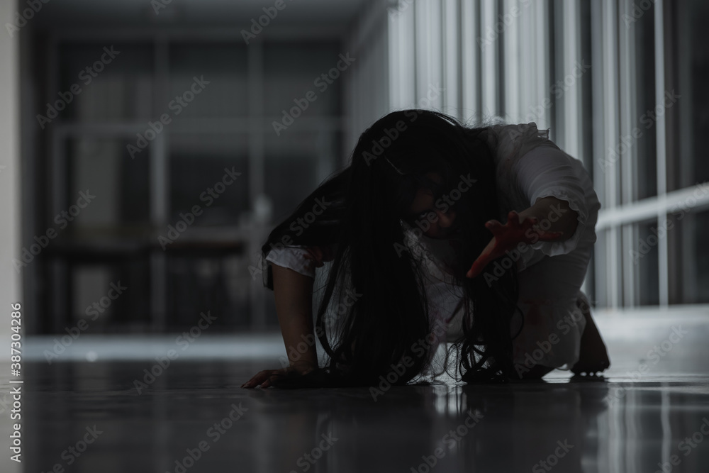 Horror evil woman ghost creepy crawling move slowly creeping out in a ...
