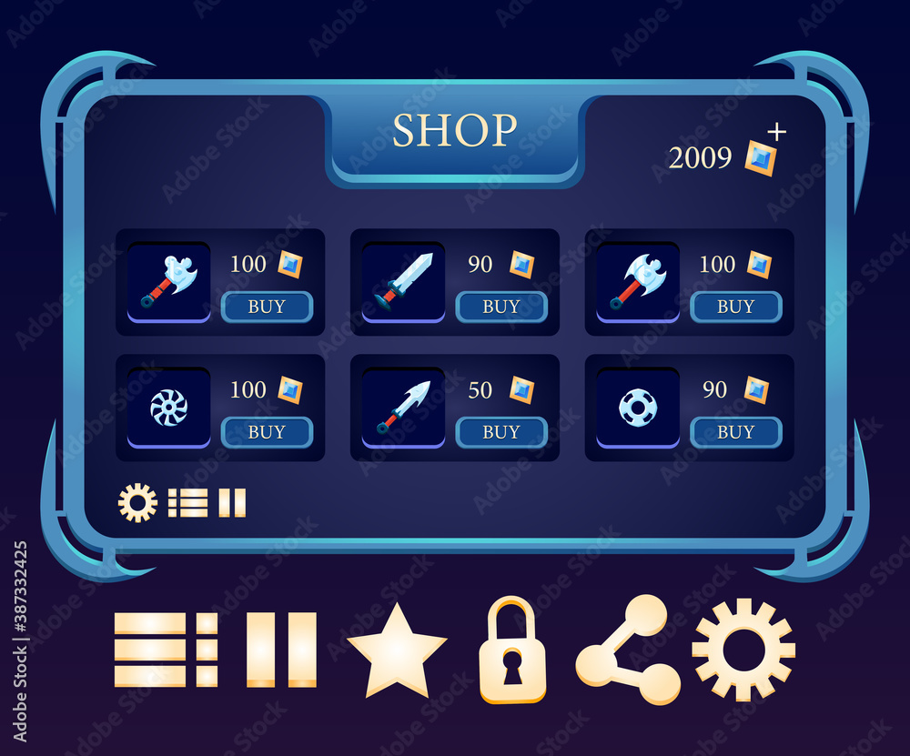 RPG game ui kit. Weapon shop menu pop up. Suitable for 2d games vector ...