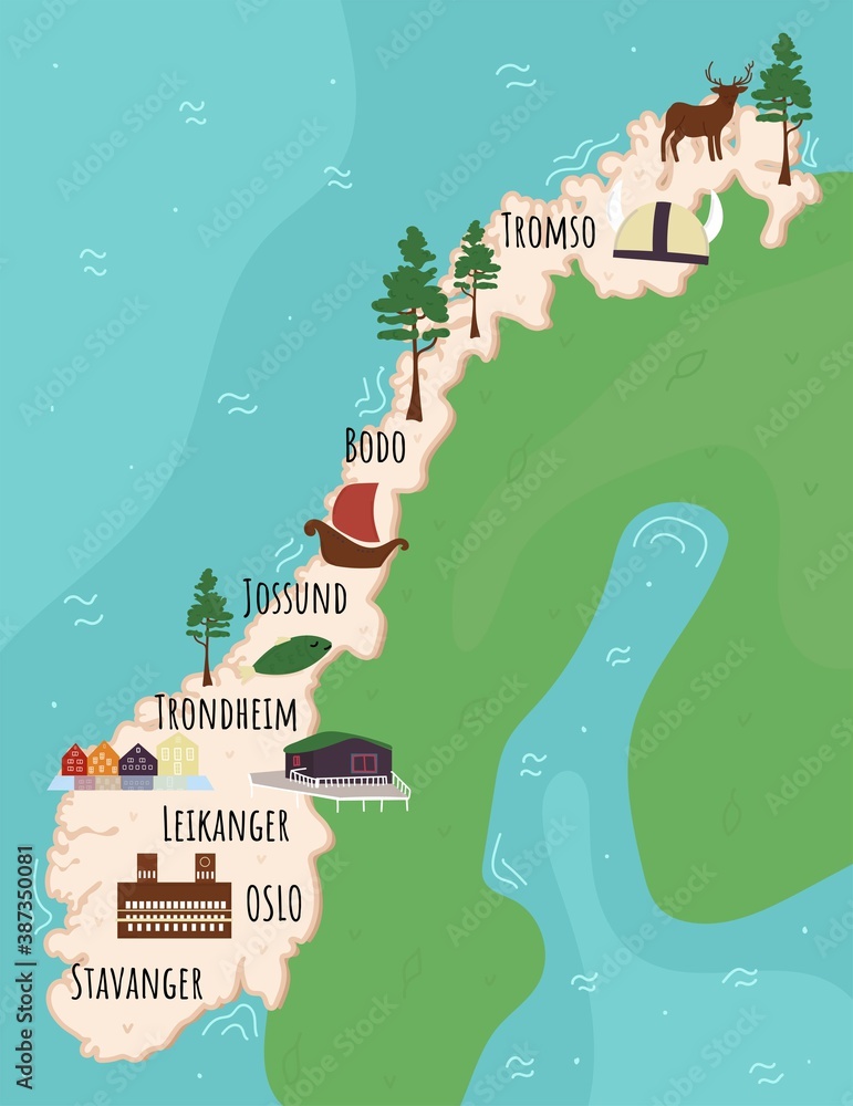Stylized map of Norway. Cartoon map with travel illustration. Famous ...