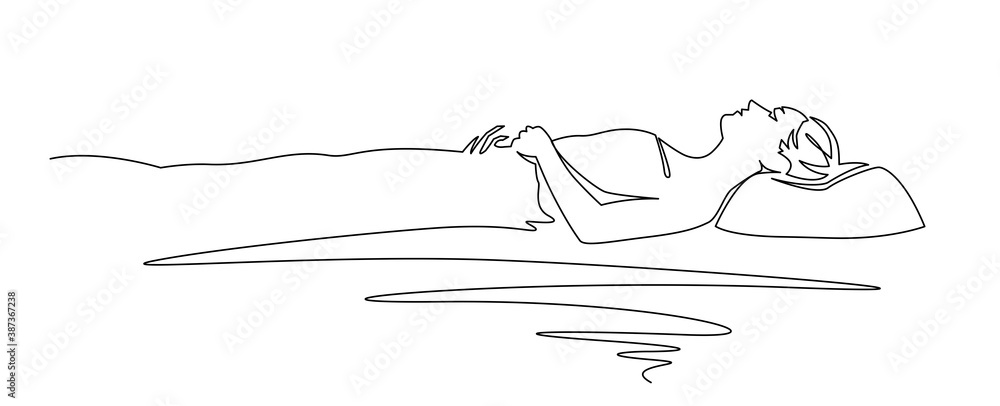 Continuous one line drawing of woman sleeping on memory foam. Vector ...