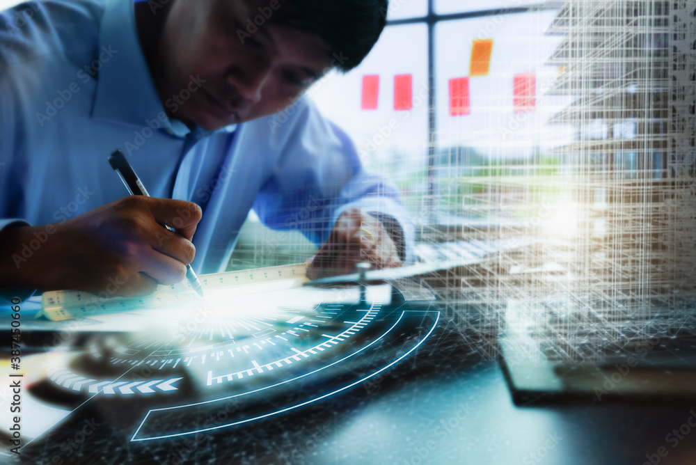 BIM Technology background, Architect's hand worked while sketching the ...