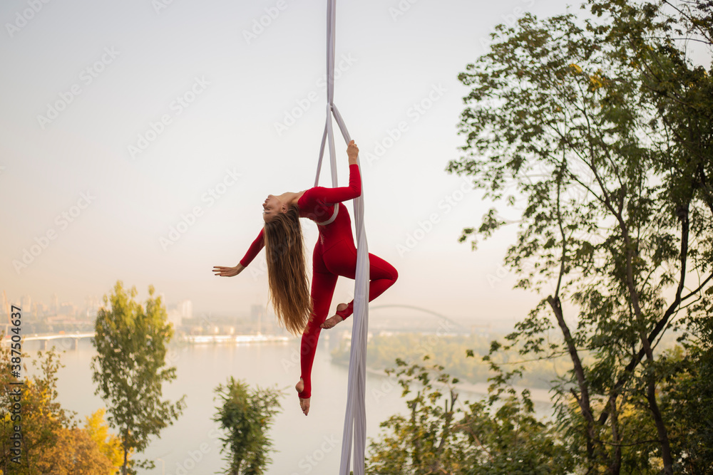silhouette of a beautiful and professional Aerial silk artist ...