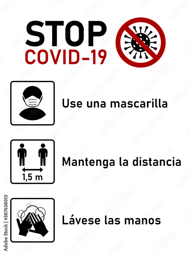 Stop Covid-19 Coronavirus Rules Set in Spanish including Use una ...